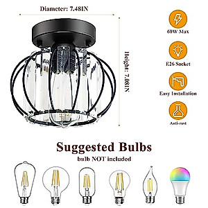 IBBIBABO 2-Pack Industrial Semi Flush Mount Ceiling Light Fixtures, Black Modern Crystal Ceiling Lights, Farmhouse Ceiling Lamps for Bedroom Living Room Hallway Entryway Kitchen Bathroom, E26 Socket