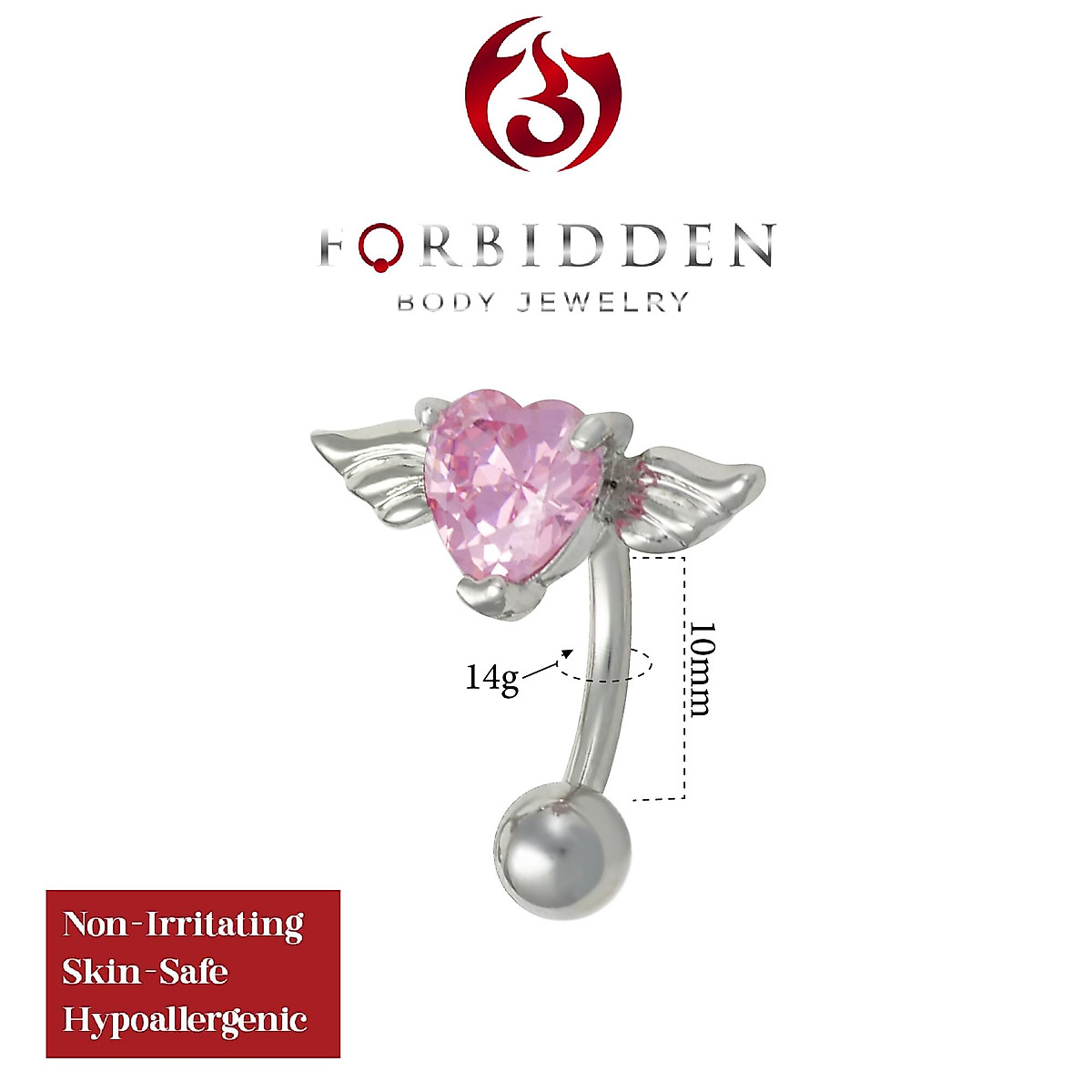 Forbidden Body Jewelry Surgical Steel Reverse Mount Pink Jeweled Heart Angel Wings Belly Button Ring