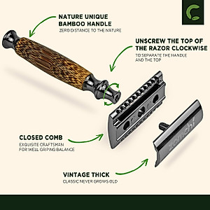 Double Edge Safety Razor for Men or Women, Eco Razor with Natural Bamboo Handle, Unisex Sustainable Razor,Fits All Double Edge Razor Blades, Plastic-Free(Thick)