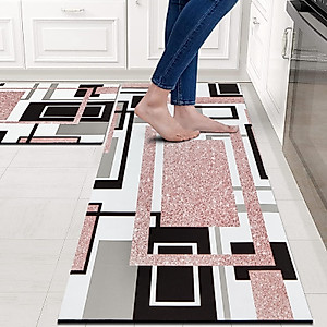 FRAMICS Anti Fatigue Kitchen Mats Set of 2, Non Slip Cushioned Kitchen Rug Sets, Washable Geometric Square Kitchen Runner Rugs for Home Office Laundry, 17'' x 47'' + 17'' x 30'' Abstract Art Patchwork