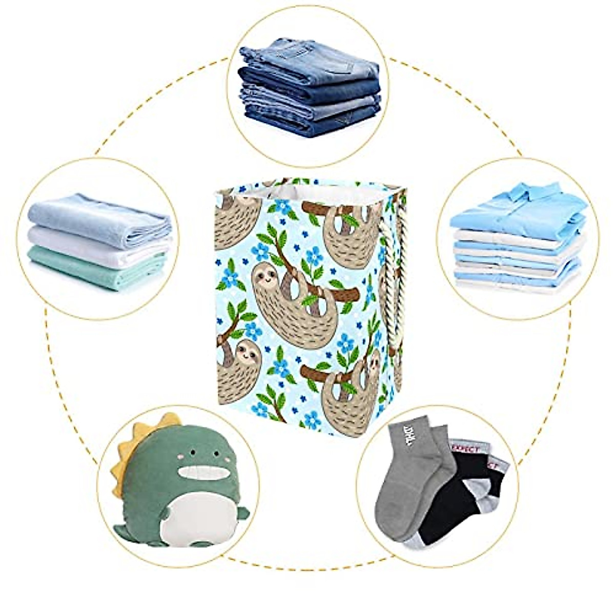 Laundry Basket Foldable Laundry Hamper With Handles Detachable Storage Bin, Bathroom Organizer, Children Toy Bins Cute Sloth Hanging On The Tree Blue