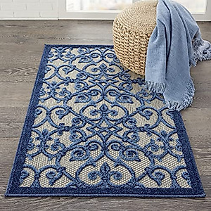 Nourison Aloha Indoor/Outdoor Grey/Blue 2'8" x 4' Area Rug, Transitional, French Country, Easy Cleaning, Non Shedding, Bed Room, Kitchen, Living Room, Deck, Backyard, (3' x 4')