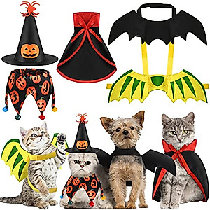 Halloween 5 Pieces Pet Costume Cat Dogs Cosplay Clothes Vampire Cloak Bat Pumpkin Hat Bib with Bells Bat Wings Dinosaur Dragon Wing Cat Collar Small Kitty Puppy Outfits for Halloween Party Pet Cosplay