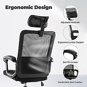 JHK Home Office Desk Chair, Ergonomic Office Chair with Adjustable Headrest and Soft PU Armrest, Swivel Rolling Chair Mesh Reclining Computer Chair with Lumbar Support and Tilt Function, Black