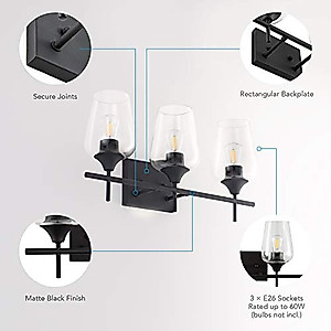 VONLUCE 3-Light Vanity Light in Matt Black Finish, Vintage Farmhouse Mirror Lights with Clear Glass Shade, Modern Industrial Wall Sconce for Bathroom, Bedroom, Hallway, Makeup Dressing Table