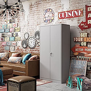 Aobabo Metal Storage Cabinet with 2 Doors, 72”H×36”W×18”D Locking Steel Storage Cabinet for Office,Garage,Gray Storage Cabinets with 4 Adjustable Shelves,Assembly Required