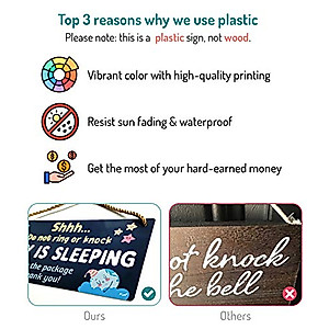 Funplus Baby Sleeping Sign for Front Door - Do Not Knock or Ring - 10″x5″ PVC Plastic Hanging Sign，Please do not knock or ring the bell, it upsets the dog, which upsets the baby, which upsets mom