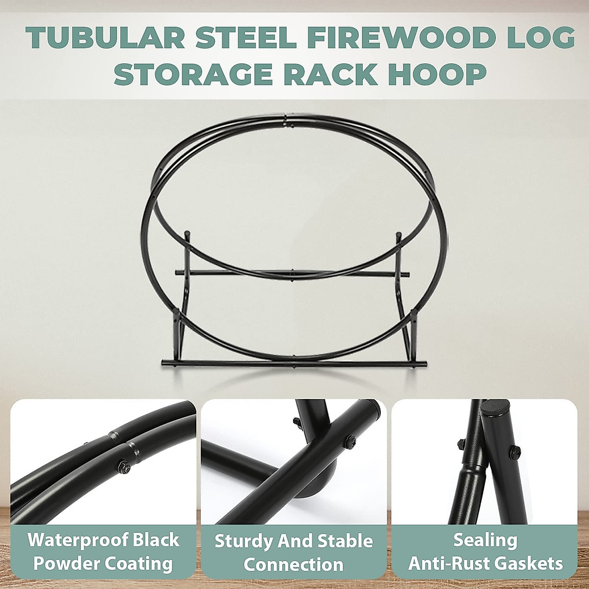 HECASA 30 Inch Firewood Log Hoop Curved Fireplace Wood Storage Holder Heavy Duty Wood Stove Accessories for Outdoor Indoor Black
