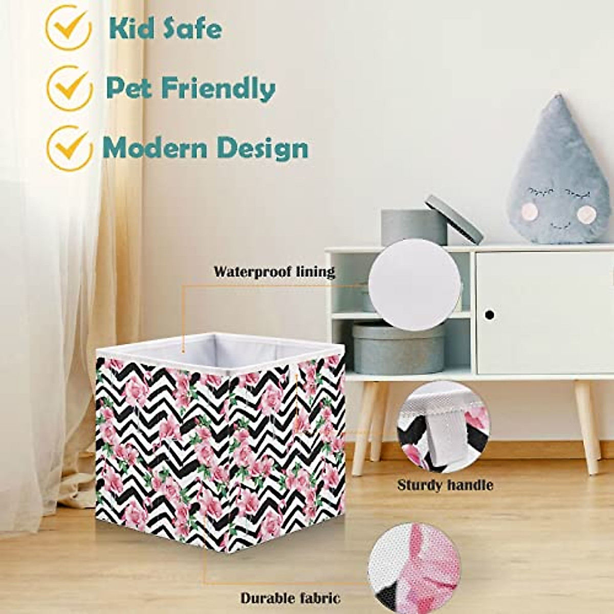 visesunny Rectangular Shelf Basket Tropical Pink Flamingo Flower Wavy Stripe Clothing Storage Bins Closet Bin with Handles Foldable Rectangle Storage Baskets Fabric Containers Boxes for Clothes,Books,