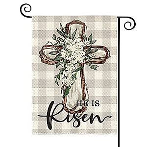 AVOIN colorlife He Is Risen Easter Garden Flag 12x18 Inch Double Sided Outside, Buffalo Plaid Lily Cross Yard Outdoor Decoration