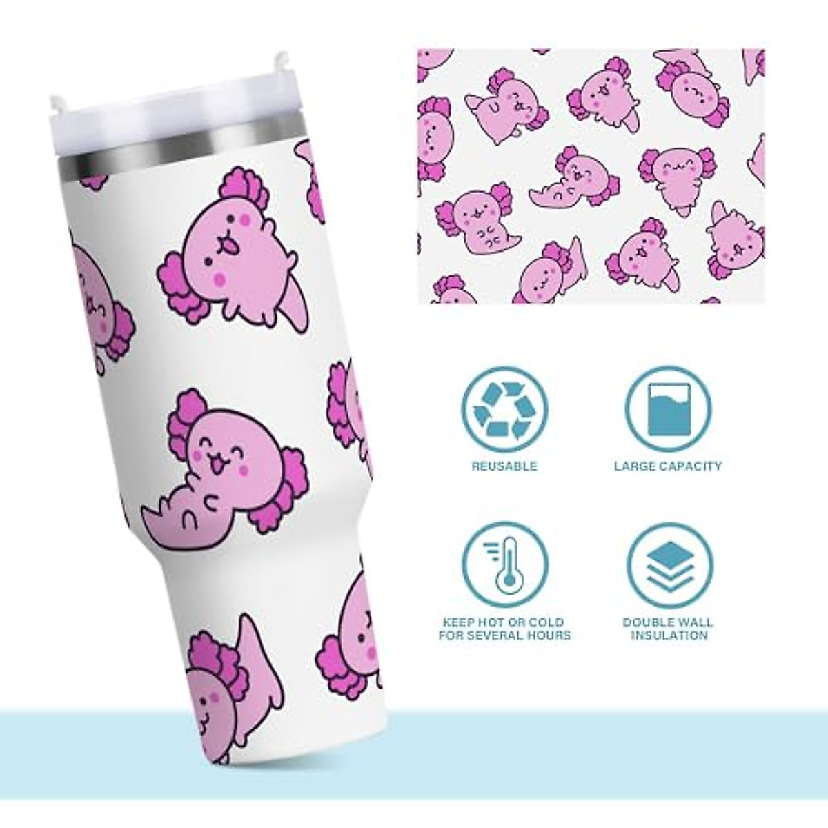 DIGTIA Stainless Steel Insulated Tumbler w/Handle & Straw, Axolotl Cute Double Wall Vacuum Travel Coffee Mug Cup w/Lid, Leak-Proof Sports Pink Water Bottle,30oz