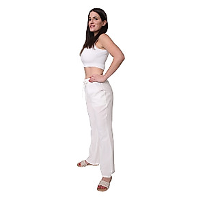 Unlimit Womens Casual Pants Wide Legs Cotton Linen, Soft Lightweight Comfy Long Lounge Pants for Summer, Beach and Home, Elastic Waist Drawstring Trousers with Pockets. (XL, White)