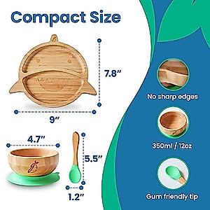 Greenway World - Baby Suction Bowls and Plates Set, Bamboo Plates for Kids with Suction Bowls for Baby and Silicone-Covered Wooden Spoons for Eating, Portable Baby Eating Supplies, Shark Design