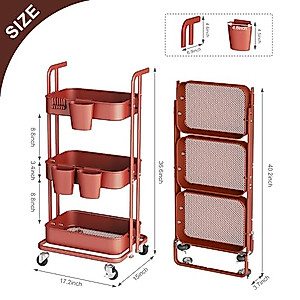 DTK 3 Tier Foldable Rolling Cart, Metal Utility Cart with Lockable Wheels, Folding Storage Trolley for Living Room, Kitchen, Bathroom, Bedroom and Office, Red