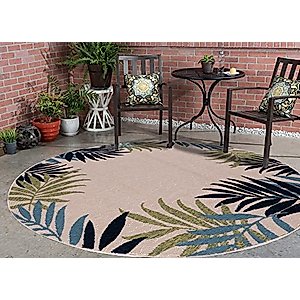 GAD Premium Indoor/Outdoor Patio Tropical Area Rug - Beige, Tan & Green Leaf Rug - Inside/Outside Stain & Fade Resistant Rug for The Porch, High Traffic Deck or Lanai (6'7" Round)