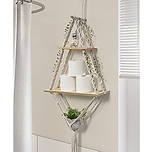 Afuly Macrame Hanging Shelves 2 Tiers Floating Shelf Natural Wood Wall Shelves Chic Boho Decor, Pine Wood Cotton Rope Bohemian Floating Plants Storage for Bedroom Bathroom Living Room, Beige