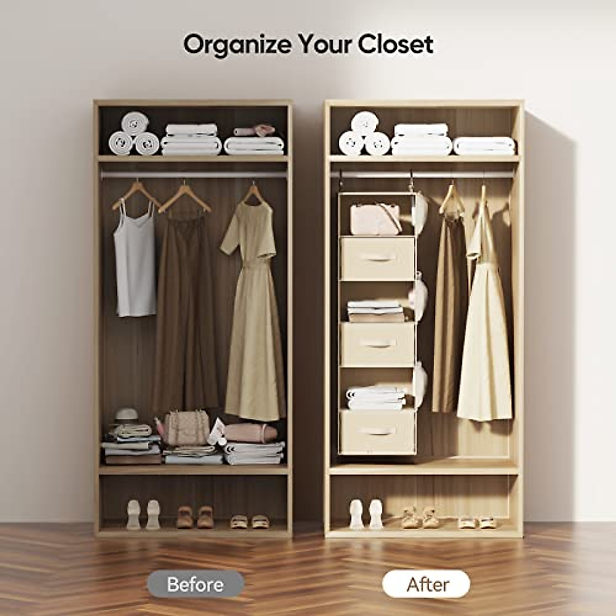 Pipishell Hanging Closet Organizer 6-Shelf, Hanging Shelves for Closet with 3 Removable Drawers & Side Pockets, Hanging Shelf Organizer for Bedroom or Garment Rack, 12'' x 12'' x 43.3'', Beige