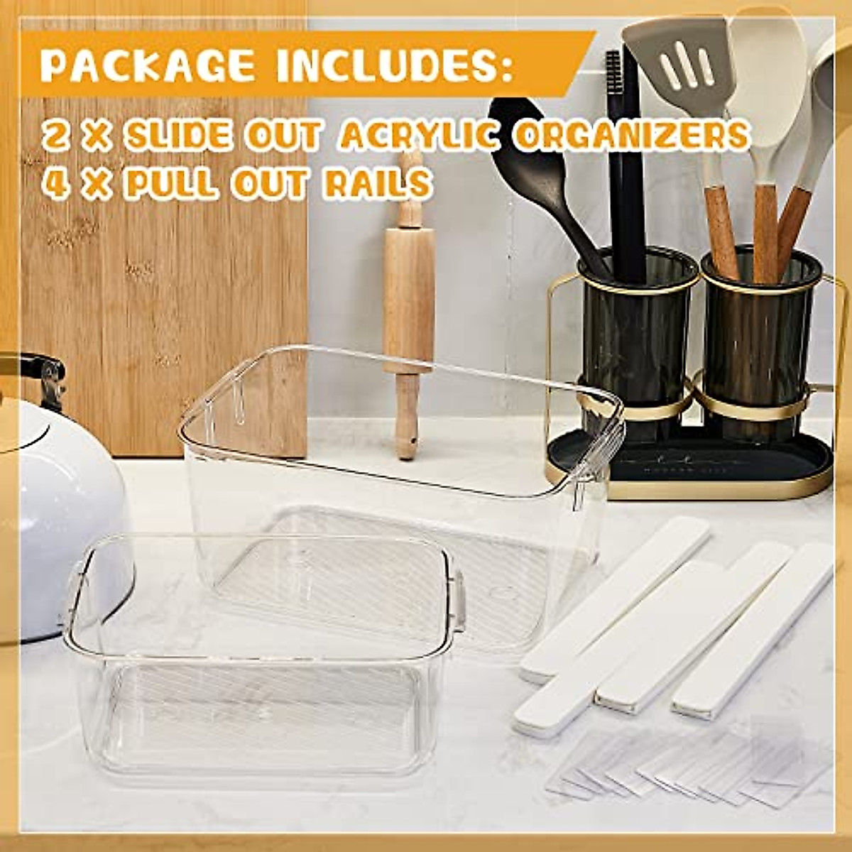 2 Pcs Pull Out Cabinet Organizer Slide out Storage Container No Need Drilling and Nailing Acrylic Drawer Storage Shelves with 4 Pull out Rail for Bathroom Kitchen