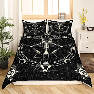 Castle Fairy Death Moth Comforter Cover Full Size,Stars and Moon Phase Space Duvet Cover with 2 Pillowcases,3 Piece,Abstract Exotic Aesthetic Polyester Bedding Set for Boys Teens Bedroom Decor