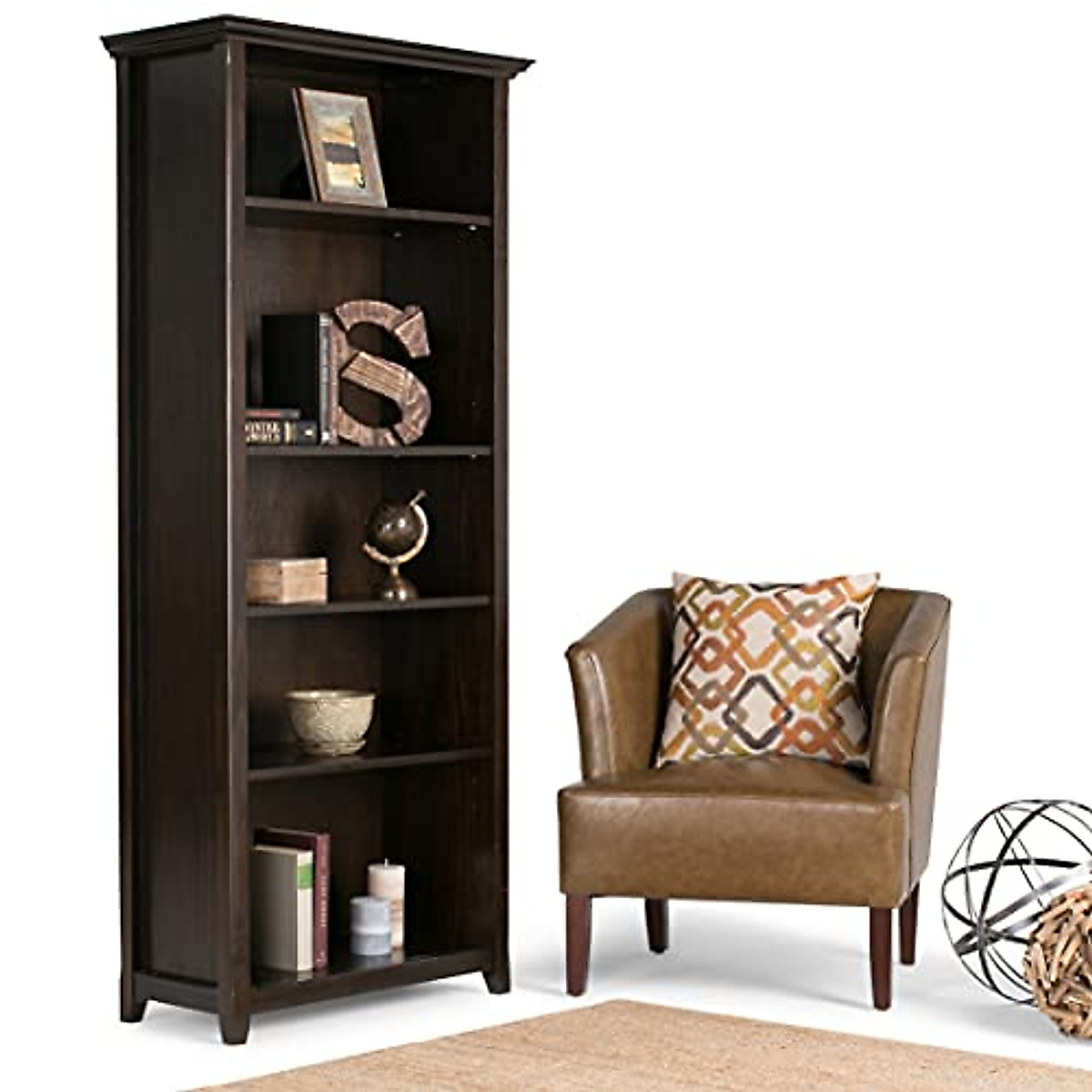SIMPLIHOME Amherst SOLID WOOD 70 inch x 30 inch Transitional 5 Shelf Bookcase in Hickory Brown with 5 Shelves, for the Living Room, Study and Office