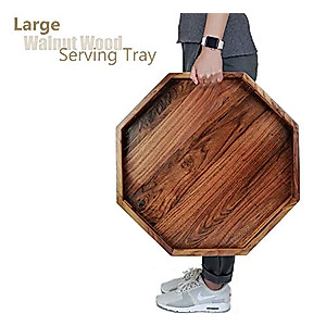 MAGIGO 20 Inches Extra Large Octagonal Black Walnut Wood Ottoman Tray with Handles, Serve Tea, Coffee Classic Wooden Decorative Serving Tray