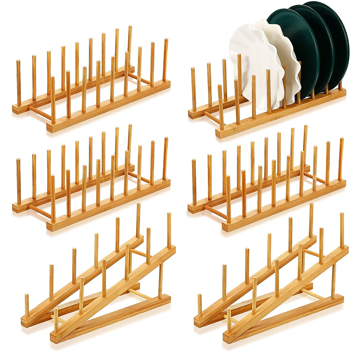 6 Pcs Bamboo Dish Rack 8 Slots Wooden Plates Rack Drying Organizer for Cabinet Classroom Book Organize Pot Lid Holder Bowl Cup Cutting Board Wood Display Stand for Kitchen Cabinet Storage Organizer