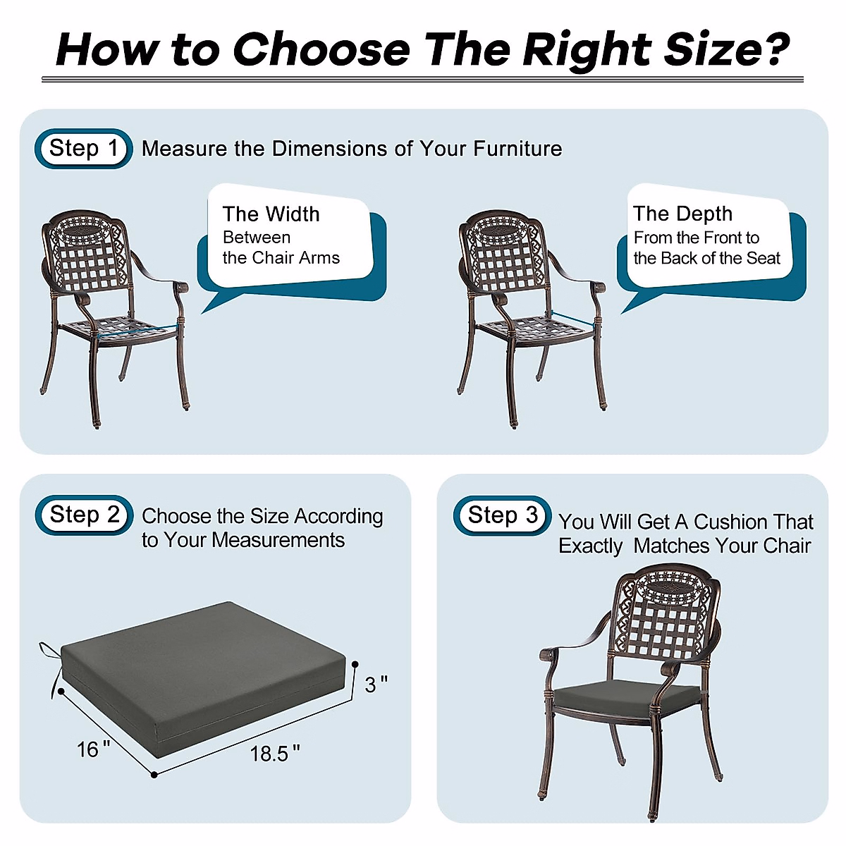 Basic Beyond Outdoor Chair Cushions Set of 4, Square Corner Outdoor Cushions for Patio Furniture, Water Resistant Patio Chair Cushions with 2 Ties, 18.5x16x3, Charcoal Grey