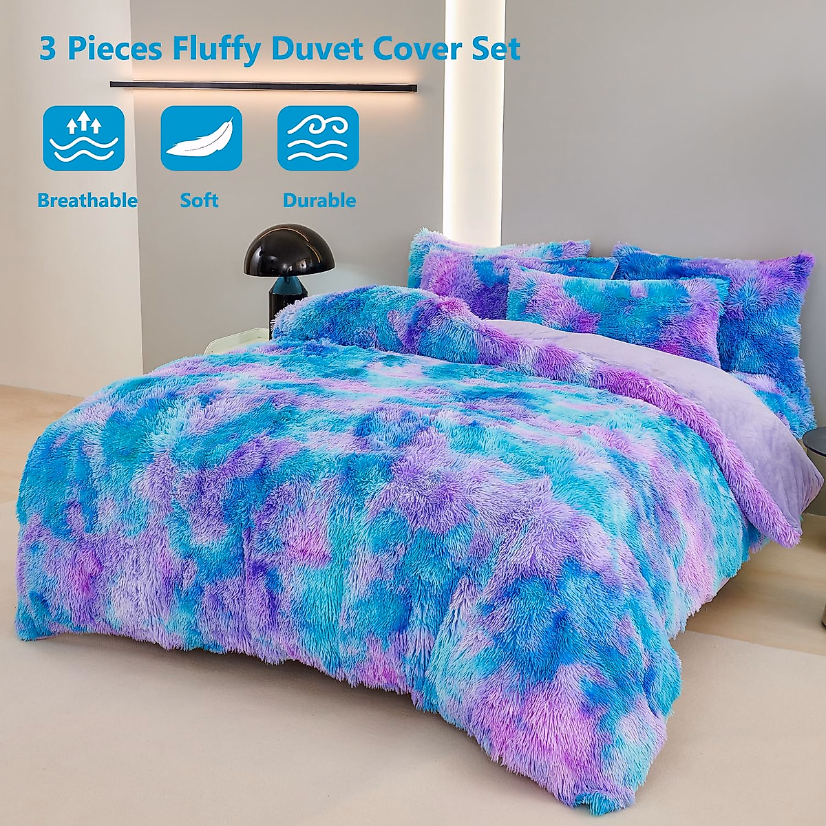 SUCSES Blue Purple Fluffy Twin Bedding Sets for Girls 3Pcs Faux Fur Plush Shaggy Kids Duvet Cover Set Twin Size Tie Dye Velvet Furry Comforter Cover Set (Blue Purple, Twin)
