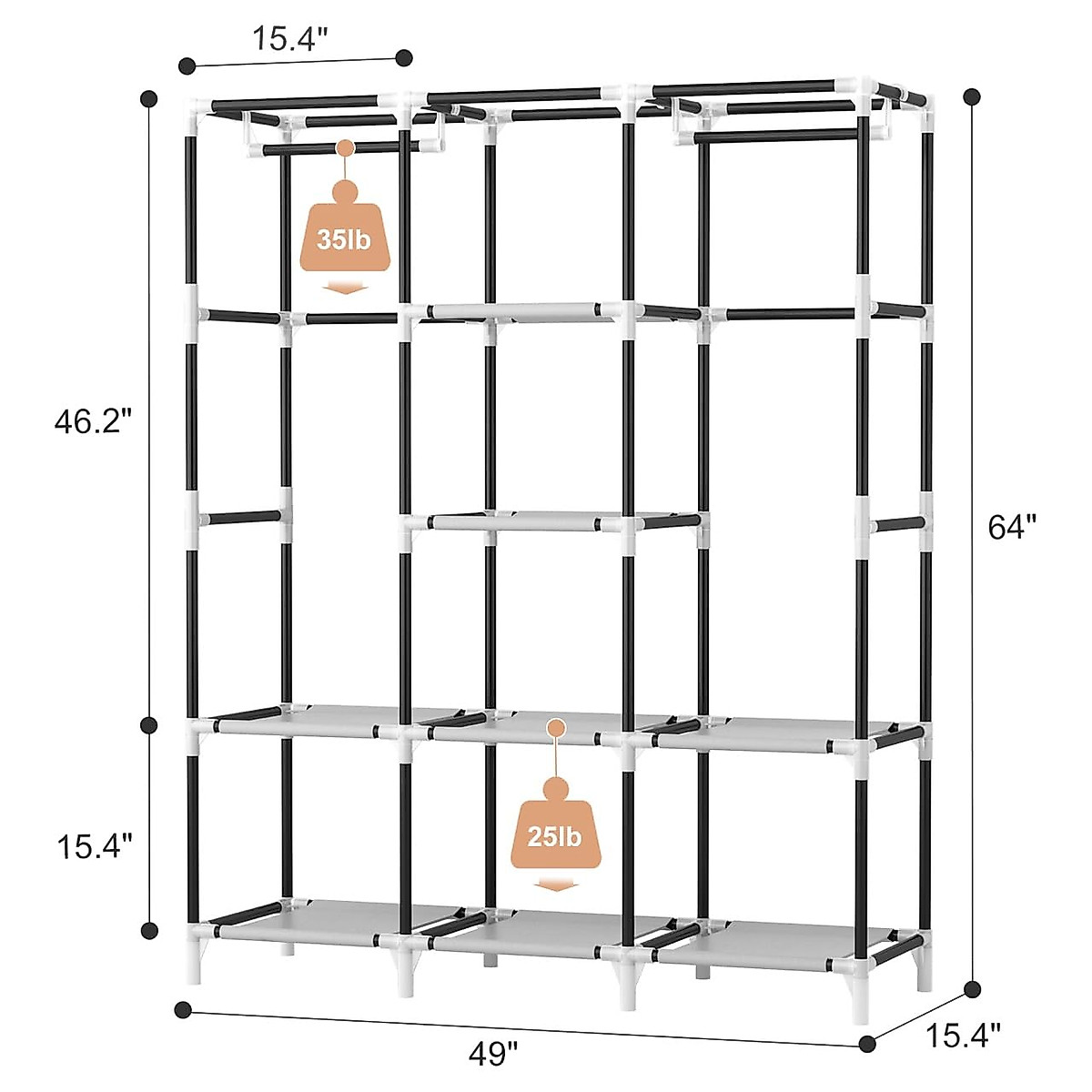 VTRIN Portable Closet Wardrobe for Hanging Clothes with 2 Hanging Rods and 8 Storage Organizer Shelves,Sturdy Large Wardrobe Closet for Bedroom Free Standing Clothes Rack with Cover,Grey