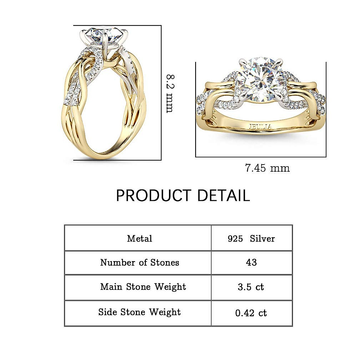 Jeulia 3.5 Carat Intertwined Ring for Women 14k Gold Plated Two Tone Round Cut 925 Sterling Silver Ring Anniversary Promise Band Eternity Rings for Her (Gold, 7)