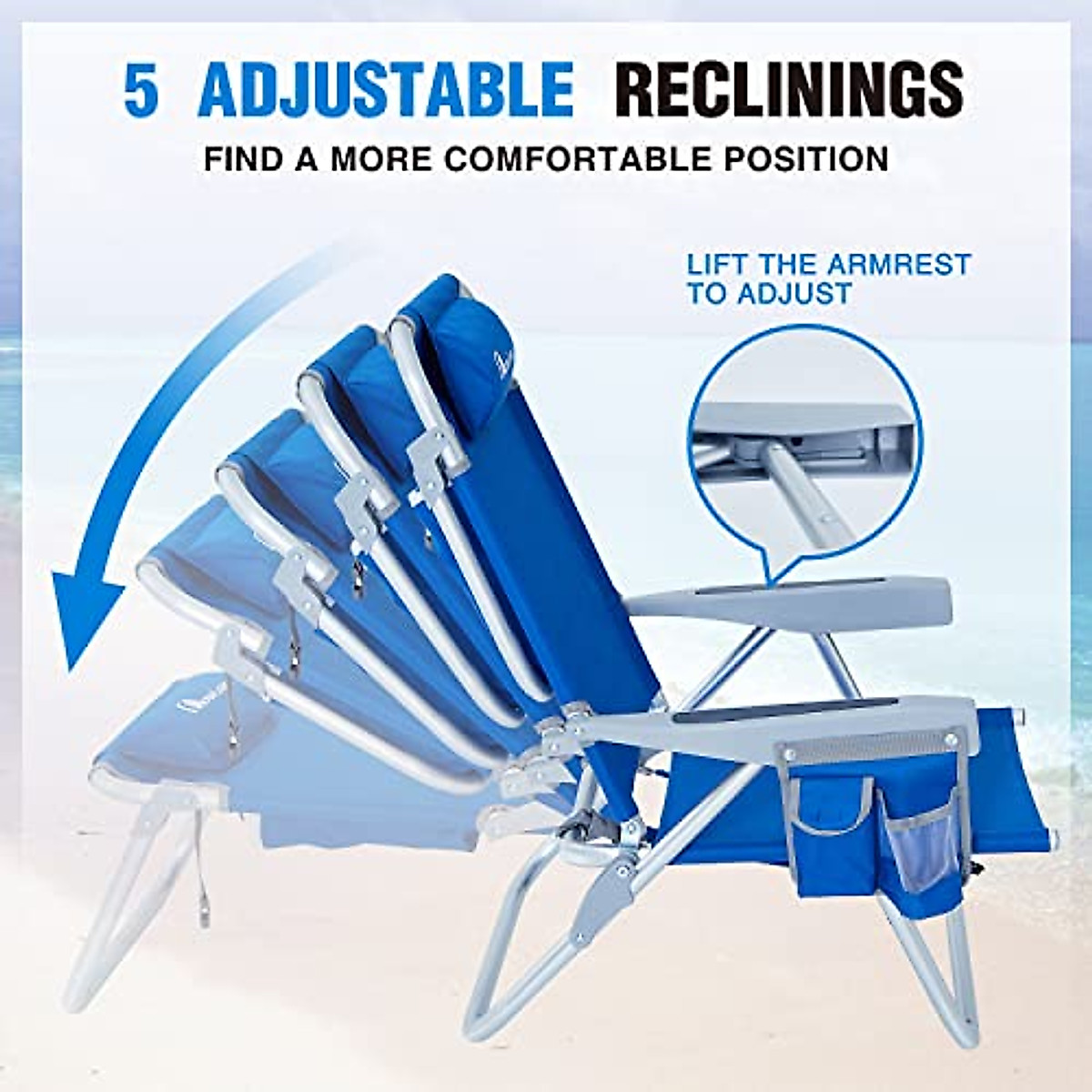 MOON LENCE Folding Beach Chair with 5 Positions High Recliner Chair Lightweight Portable Backpack Chair with Towel bar for Camp,Outdoor,Travel