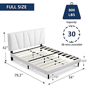 Molblly Full Bed Frame Upholstered Platform with Headboard and Strong Wooden Slats, Strong Weight Capacity, Non-Slip and Noiseless,No Box Spring Needed, Easy Assembly,Light White