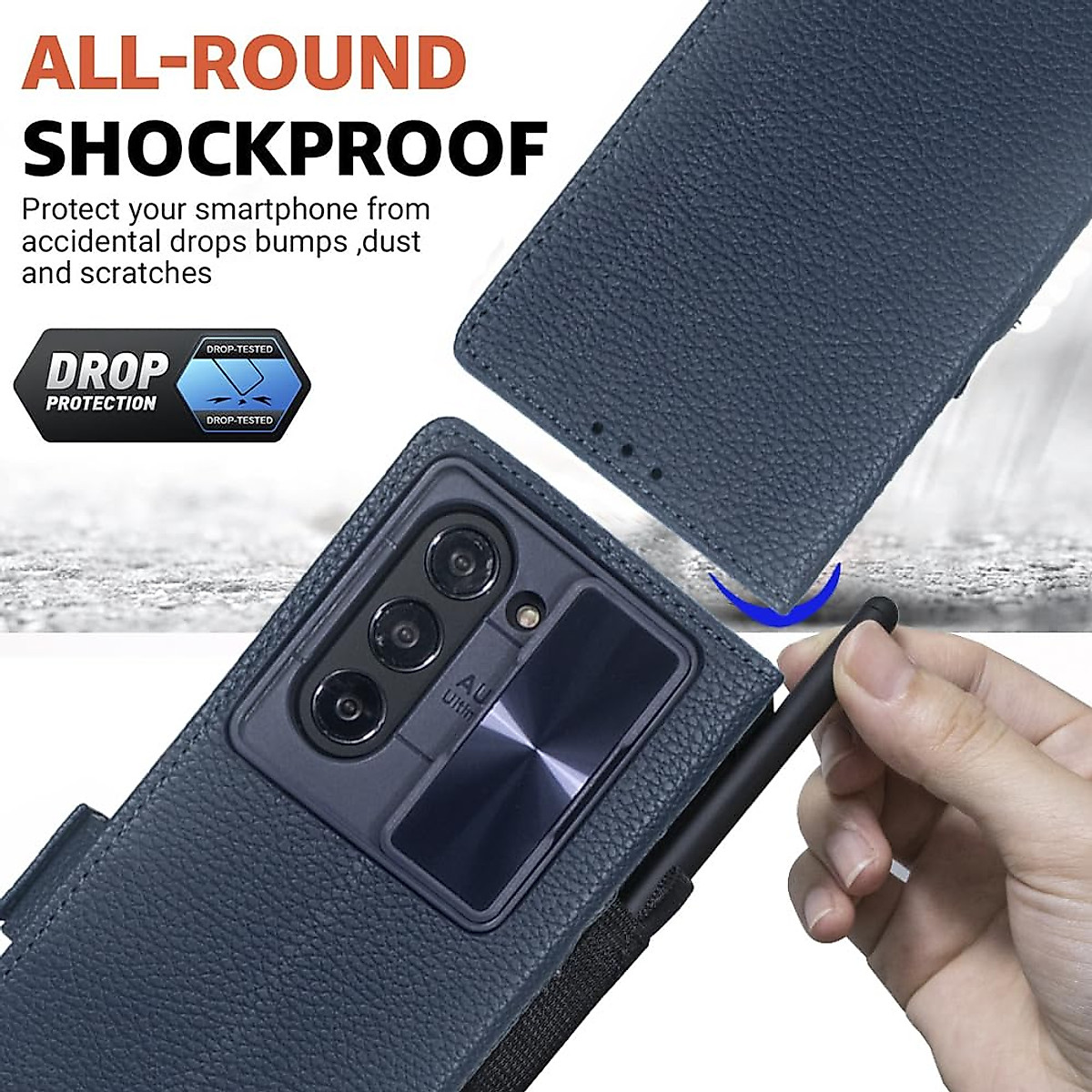 Woluki for Samsung Galaxy Z Fold 5 Case with S Pen Holder, Genuine Leather Wallet Case Built-in Slide Camera Cover, Hinge Protection, Kickstand, Stylus Slot Phone Case for Galaxy Z Fold5 5g (Blue)