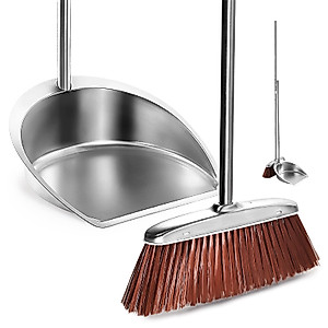 Broom and Dustpan Set with Long Handle, Heavy Duty Broom with Dustpan Combo Set, Windproof Upright Stainless Steel Dust Pan with Kitchen Brooms for Home Office Lobby Indoor Outdoor Use, Brown