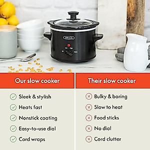 bella Electric Slow Cooker 1.5 Qt, Dishwasher Safe Removable Stoneware Pot and Glass Lid, Adjustable Temperature & Cool Touch Handles, Portable Mini Rice Cooker, Baby Food Steamer & Soup Warmer, Black