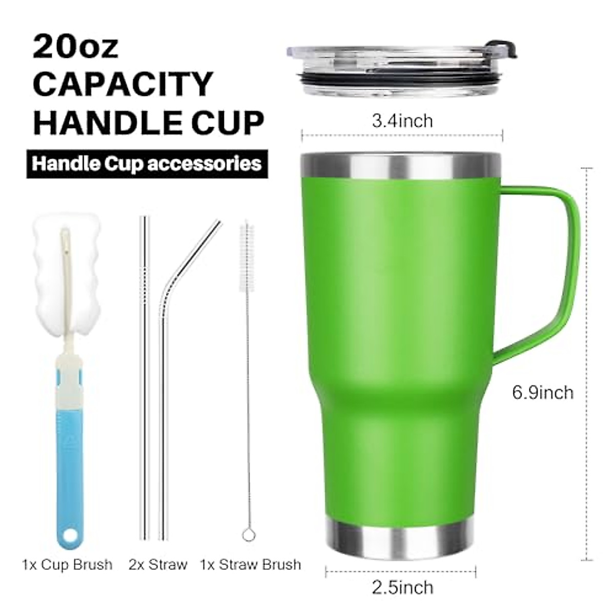 GUDEMAO 20 oz Tumbler with Handle, Stainless Steel Insulated Tumbler with Lid and Straw, Double Wall Vacuum Insulated Coffee Mug Tumbler, Insulated Coffee Thermal Cup for Cold and Hot (Bright Green)