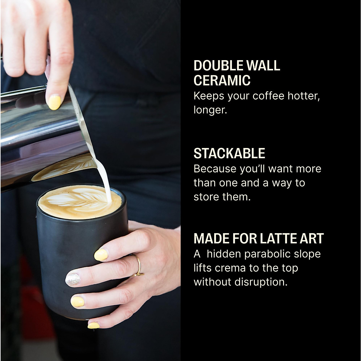 Fellow Monty Milk Art Cups - Double Wall Ceramic Cortado Mug, Matte Black with Graphite Base, 4.5 oz Cup