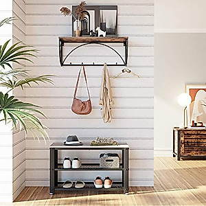 VASAGLE Shoe Bench, 3-Tier Shoe Rack, 11.8 x 28.7 x 17.7 Inches Shoe Shelf Storage Bench with Metal Mesh Shelves and Seat, Free Standing Shoe Organizer for Entryway, Greige and Black