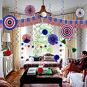 26Pcs Patriotic Party Decorations 4th of July Decor Set - USA Flag String Red White Blue Paper Fans Star Streamer Pom Poms Hanging Swirls for Labor Day,Veterans Day,Presidents Day,Flag Day