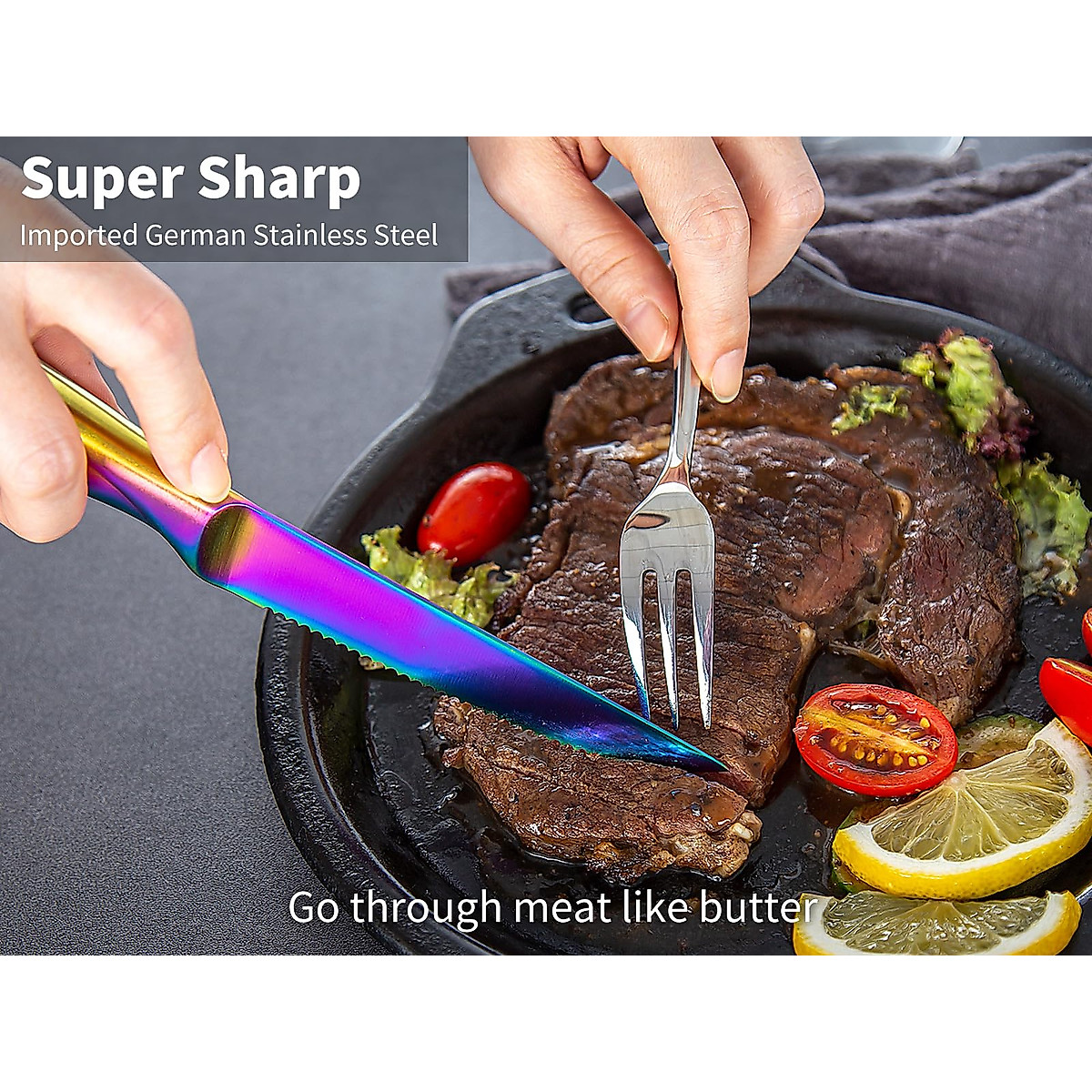 Rainbow Serrated Steak Knife 4 Piece Set, German High Carton Stainless Steel Blade for Home Restaurant