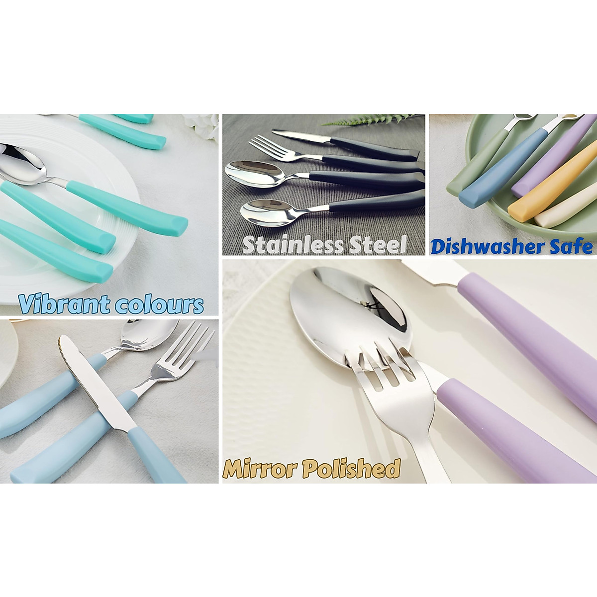 EXZACT Cutlery Set Coloured 16PCS - Stainless Steel with Plastic Wide Handles – Comfortable to Hold - 4 x Forks, 4 x Dinner Knives, 4 x Dinner Spoons, 4 x Teaspoons – Service for 4