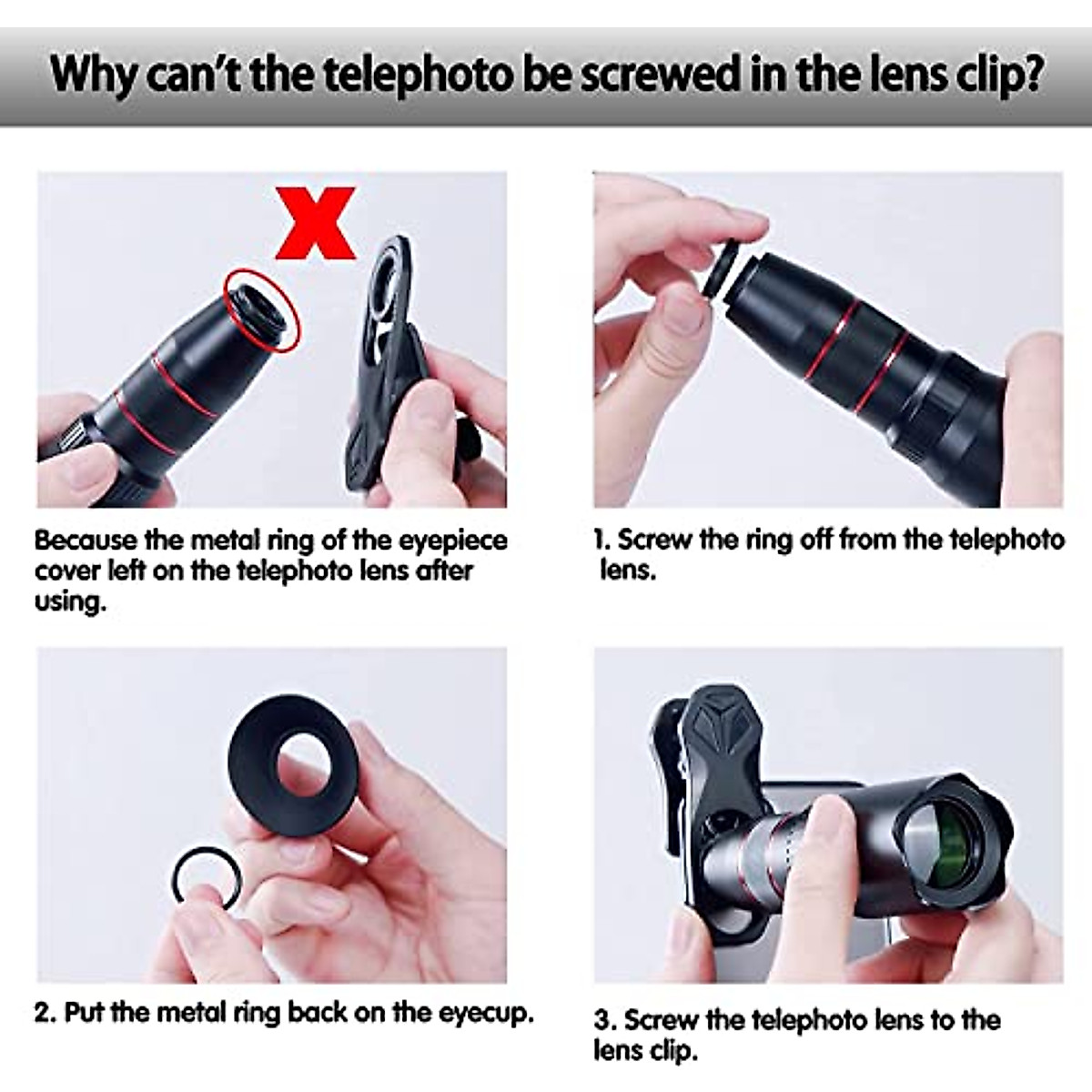 Selvim Phone Camera Lens Phone Lens Kit 4 in 1, 22X Telephoto Lens, 235° Fisheye Lens, 0.62X Wide Angle Lens, 25X Macro Lens, Compatible with iPhone 7 8 11 pro max X XS XR Android Samsung