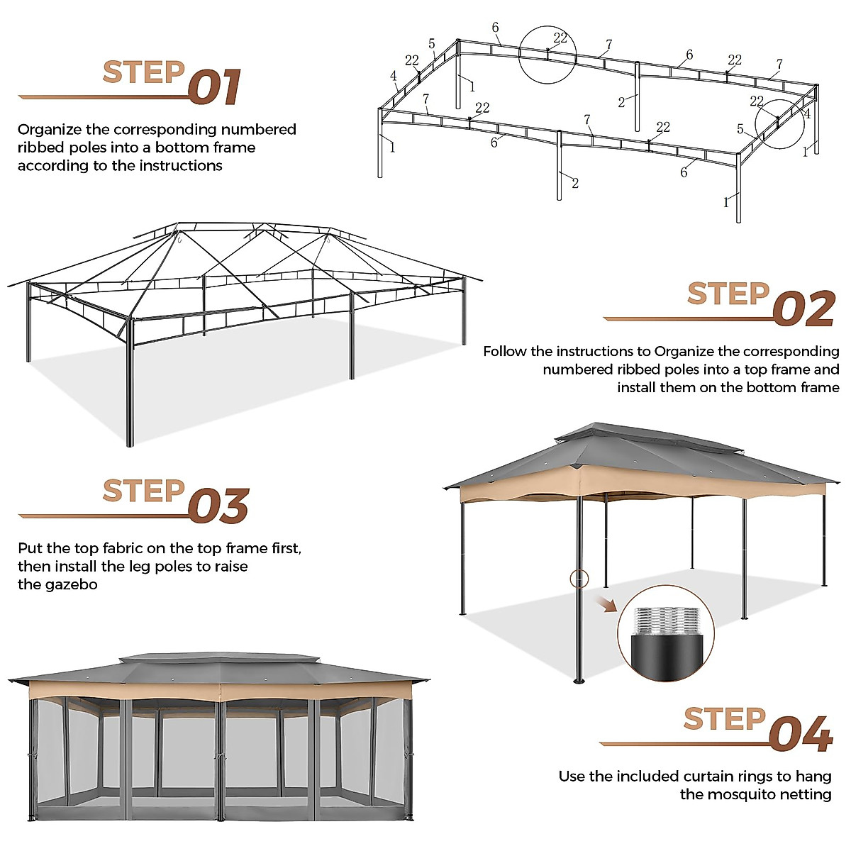 COBIZI Gazebo 10x20 Heavy Duty Patio Gazebo with Mosquito Netting Deck Gazebo with Metal Steel Frame Large Screen Gazebo Tent Waterproof with Double Roof for Backyard, Deck, Garden