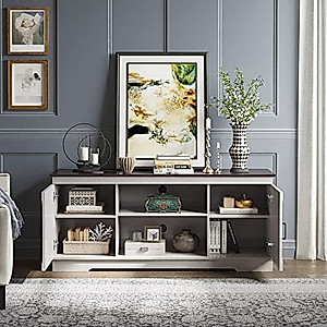 YITAHOME Buffet Cabinet, 59.5“ Farmhouse Sideboard Buffet Storage Cabinet with Barn Door Coffee Bar Cabinet with Capacity 300 lbs for Home Dinning Living Room, Grey White/Espresso, 26“ Height