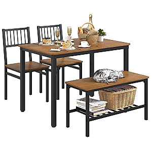 Teraves Dining Table Set for 4/Computer Desk,Kitchen Table with 2 Chairs and a Bench,Table and Chairs Dining Room Set 4 Piece Set for Dining Room (Teak, 110CM)/ 43.31"