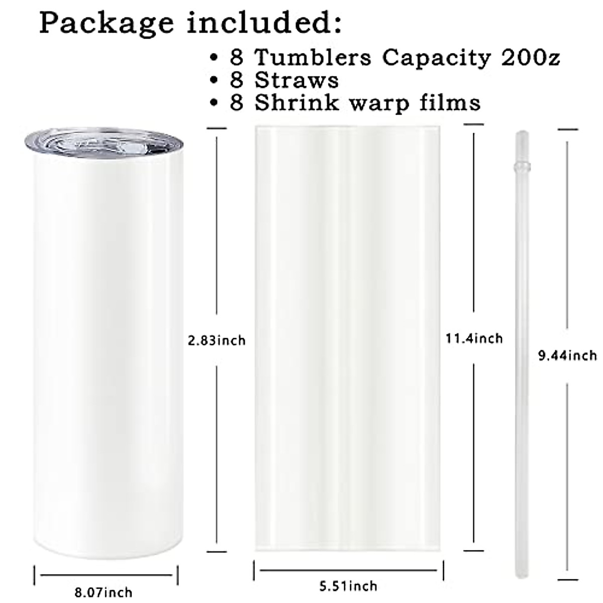 XccMe 8 Pack Sublimation Tumblers bulk,20 oz Skinny Stainless Steel Double Wall Insulated Straight Sublimation Blank with Lid,Box,Shrink Wrap Films,Polymer Coating for Heat Transfer