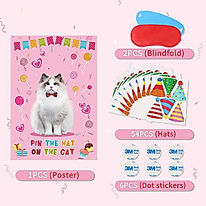 Waenerec Pin The Hat on The Cat with 54 Cat Birthday Hat Stickers Cat Party Games for Pet Kitten Meow Themed Birthday Party Decorations Supplies