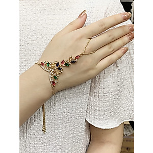 Boho Butterfly Finger Ring Bracelet for Women Girls 14K Gold Plated Colorful Cubic Zirconia Slave Hand Chain Harness Bangle Gypsy Bollywood Wedding Birthday Christmas Party Y2K Jewelry Delicate Gift
