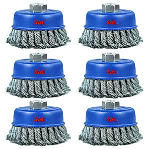 SALI 6 Pack Wire Cup Brush, 4 Inch Twisted Knotted Cup Brush for Grinders, with 5/8-11 Inch Arbor for Heavy Cleaning Rust, Stripping and Abrasive, for Angle Grinder