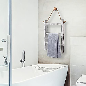 3-Tier Wood Tower Ladder Rack with Rope, Hanging Wooden Blanket Storage Organizer for Bathroom, Small Farmhouse Storage Shelf Rustic and Decorative